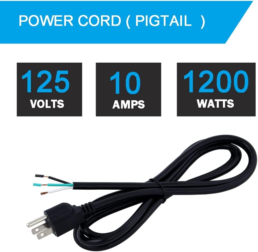 Power Cord Pigtail 3 Prong 18AWG Open Wiring End Heavy Duty SJT Replacement Power Cord 6 Foot ...